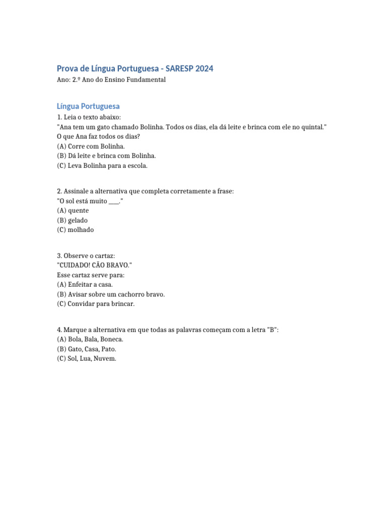 Prova SARESP 2ano 2024 | PDF