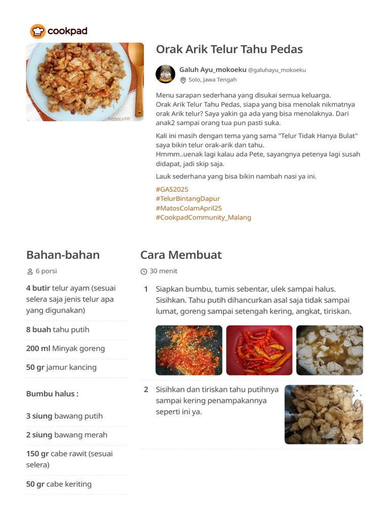 Resep Orak Arik Telur Tahu Pedas Oleh Galuh Ayu_mokoeku - Cookpad | PDF