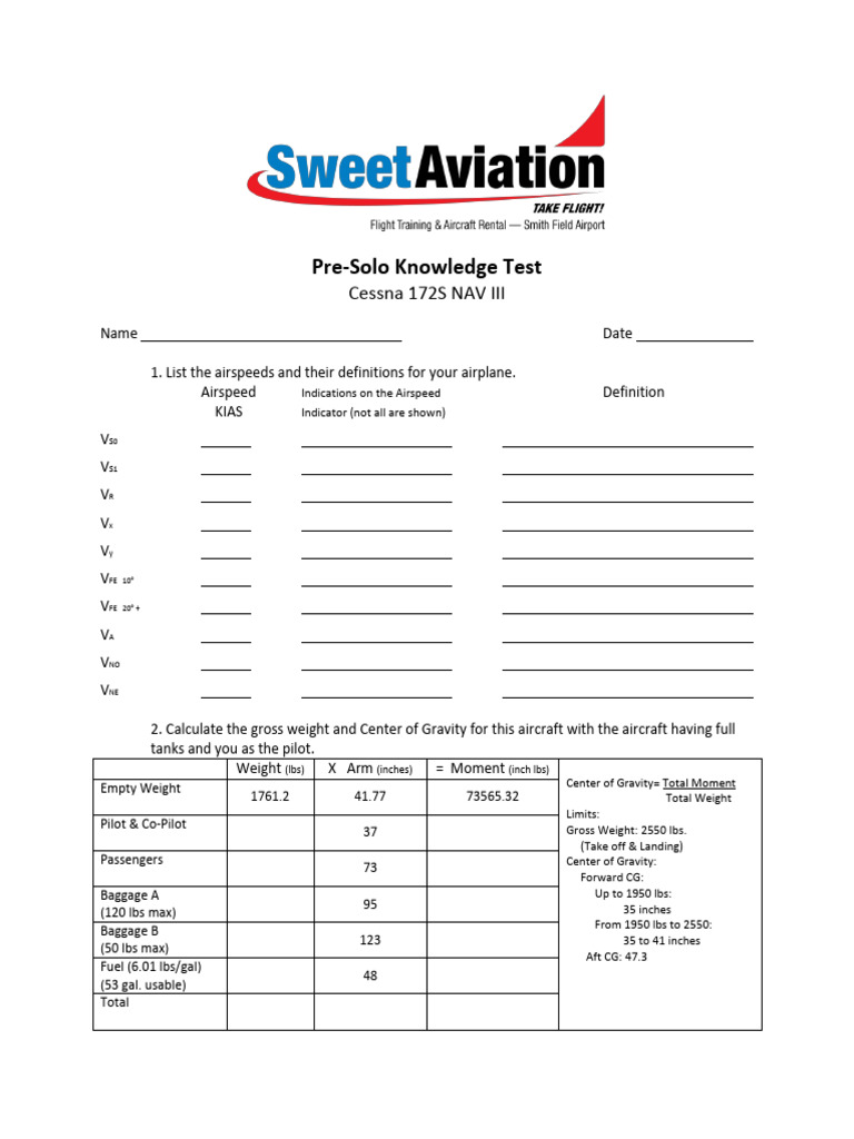 C172S Pre Solo Test | PDF | Takeoff | Aerospace Engineering