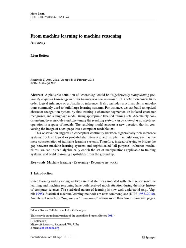 From Machine Learning To Machine Reasoning | PDF