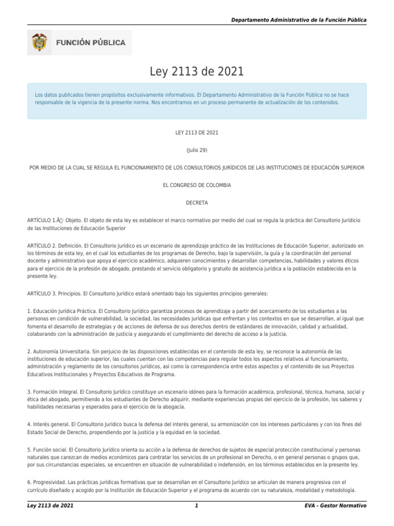 Ley 2113 de 2021: Consultorios Jurídicos | PDF | Abogado | Institución