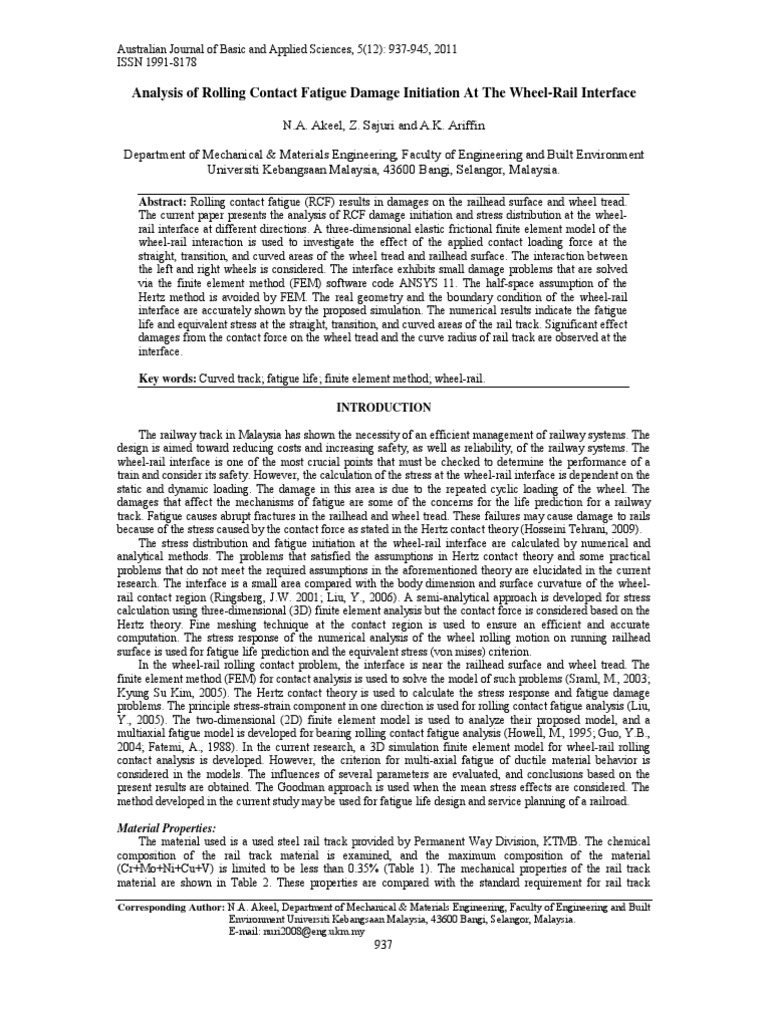 Analysis of Rolling Contact Fatigue Damage Initiation at The Wheel-Rail ...