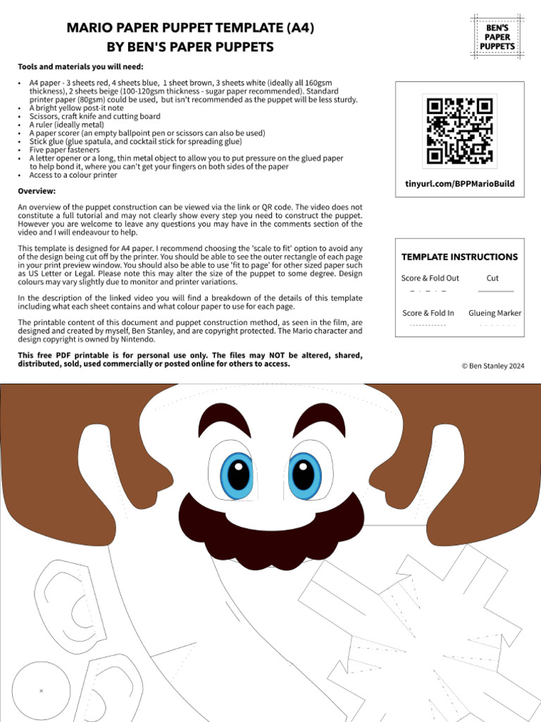 Ben's Paper Puppets - Mario Paper Puppet Template © Ben Stanley 2024 | PDF