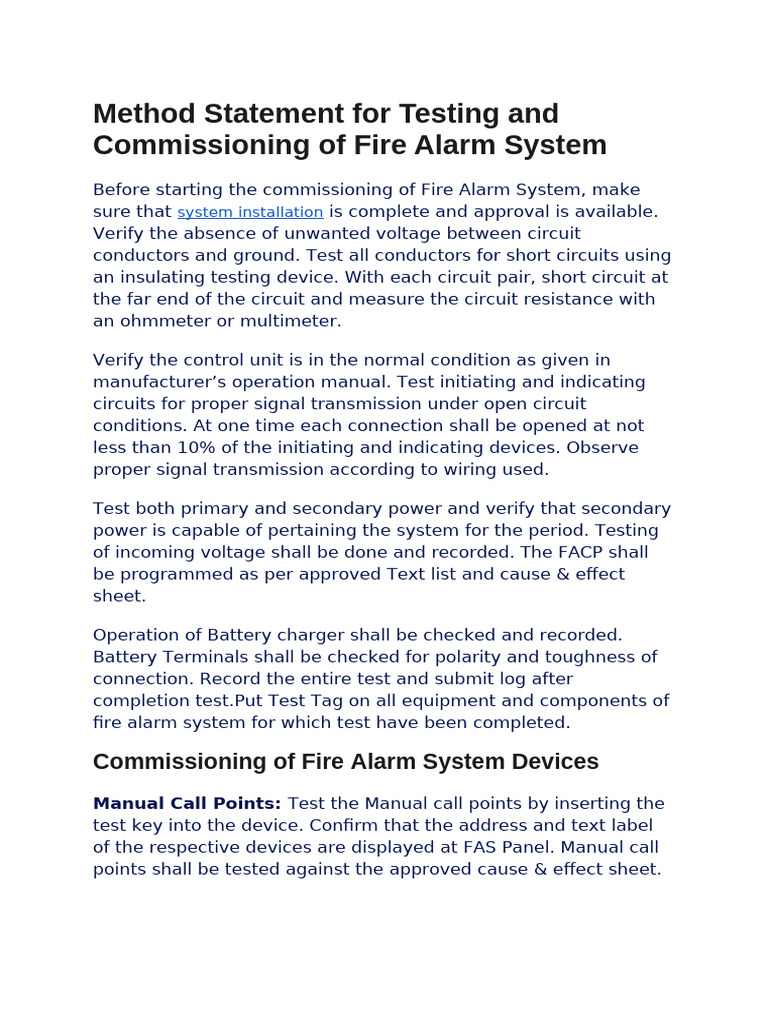 Method Statement For Testing And Commissioning Of Fire Alarm System Pdf Manufactured Goods