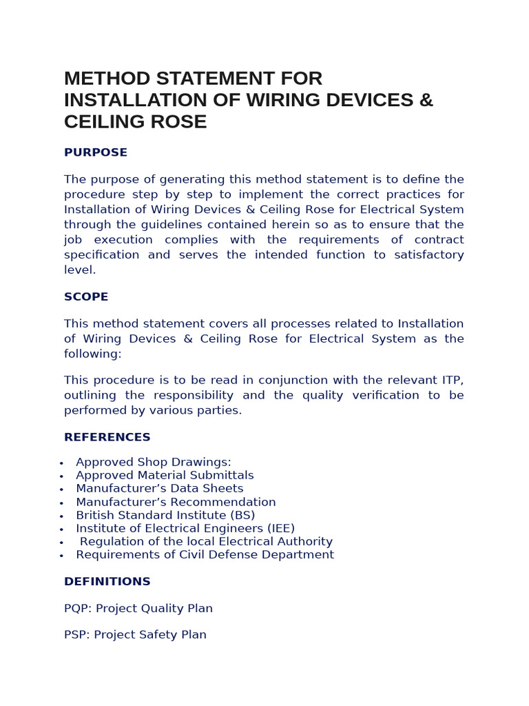 Method Statement For Installation of Wiring Devices & Ceiling Rose ...