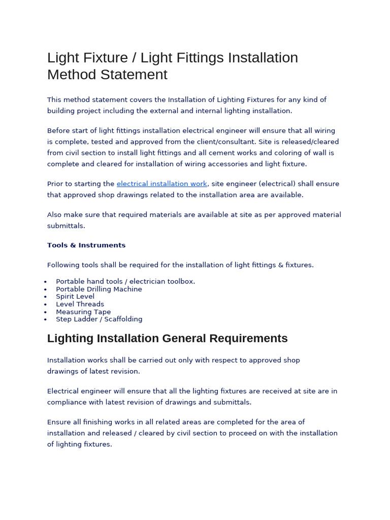 Method Statement For Lighting Fixtures | PDF | Lighting | Electrical Wiring