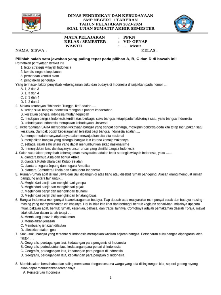 Soal KLS 7 KUMER PPKN GENAP | PDF