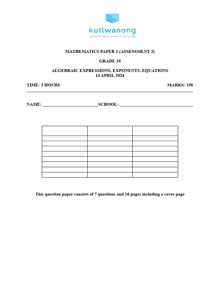 Grade 10 Algebra Assessment Paper | PDF | Numbers | Equations