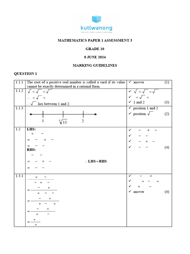 Grade 10 Mathematics Assessment 3 Memorandum (8 June 2024) | PDF ...