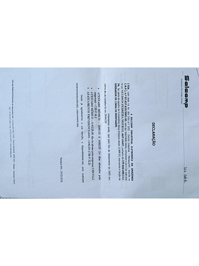 PDF Declaração Salcomp 1 | PDF