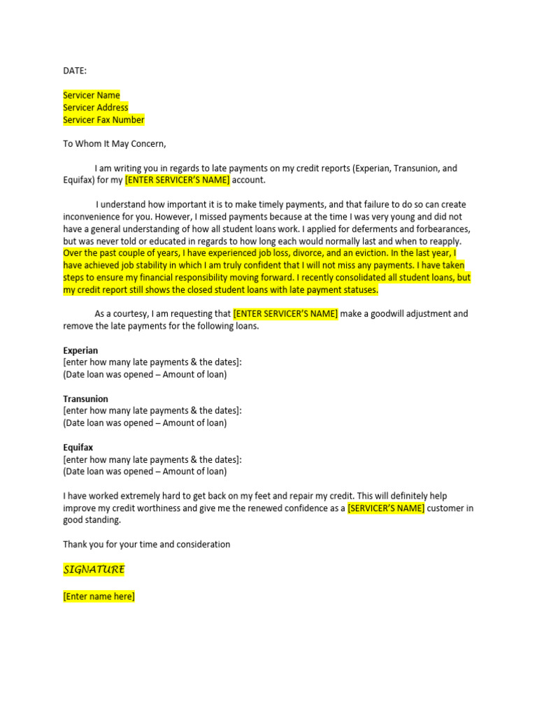 Goodwill Letter for Student Loan Adjustments | PDF
