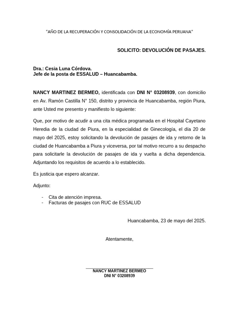 solicito-devolucion-pasajes-essalud-Olinda | PDF