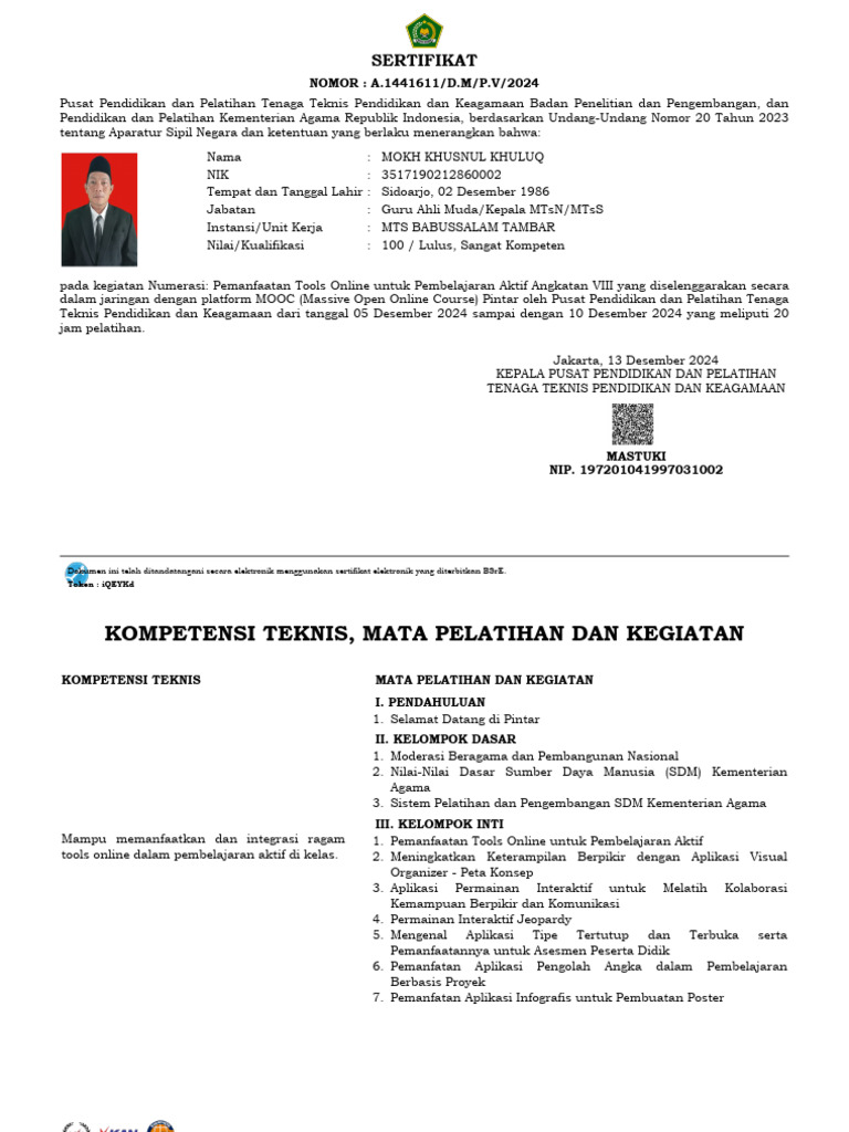 Sertifikat Pintar Khuluk | PDF