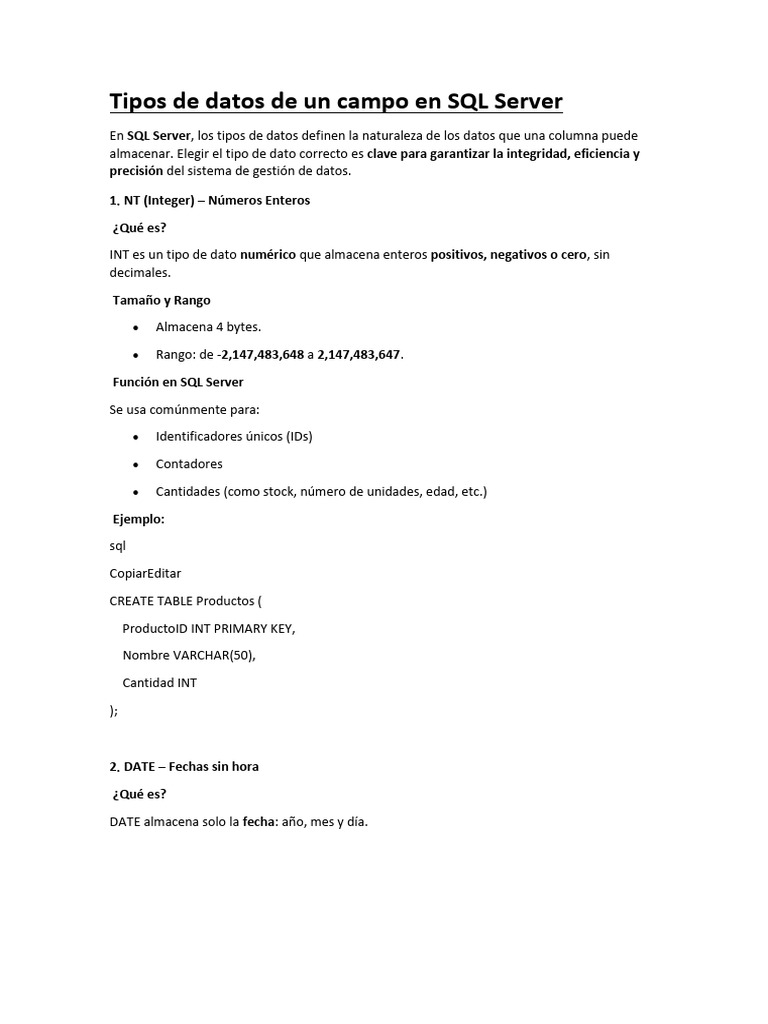 Tipos de Datos de Un Campo en SQL Server | PDF | SQL | Tipo de datos