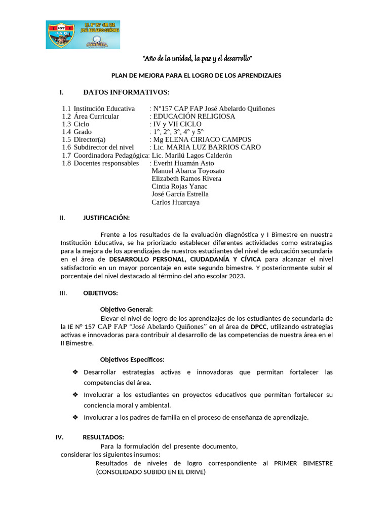 PLAN DE MEJORA DPCC | PDF | Aprendizaje