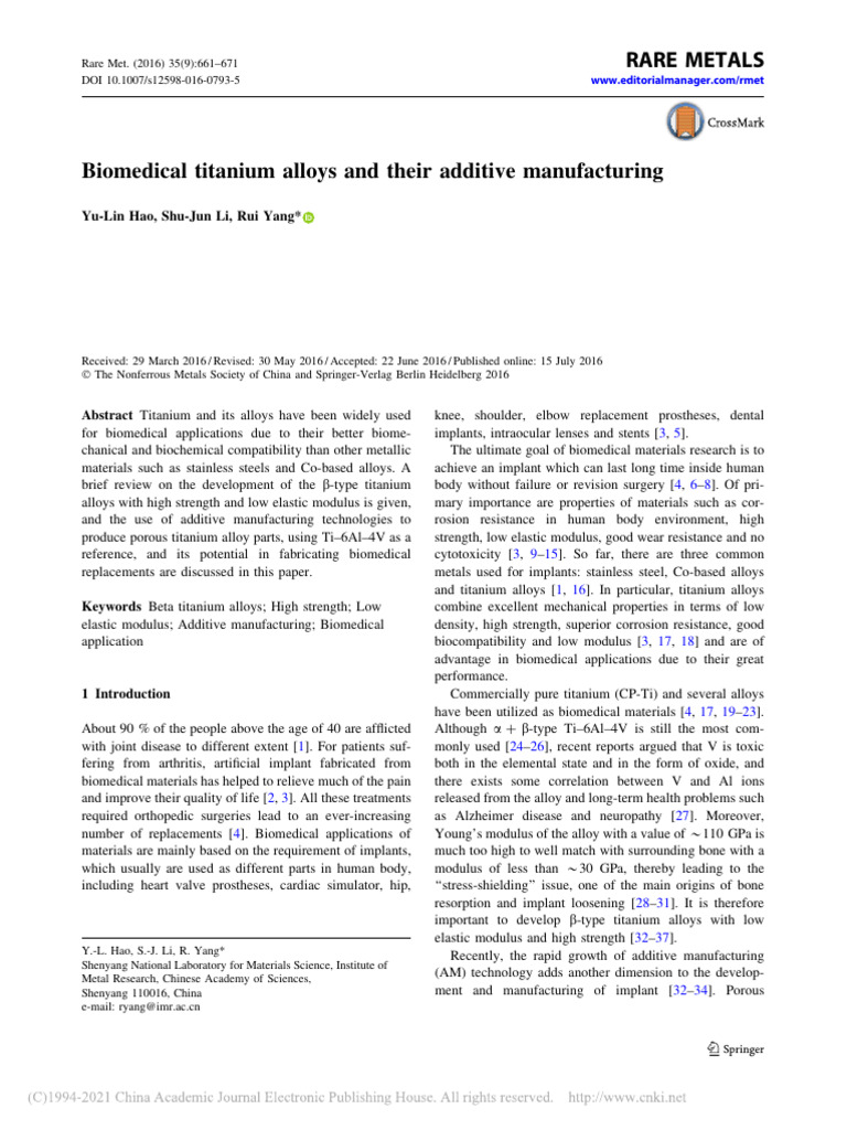 Biomedical titanium alloys and their additive manufacturing | PDF ...
