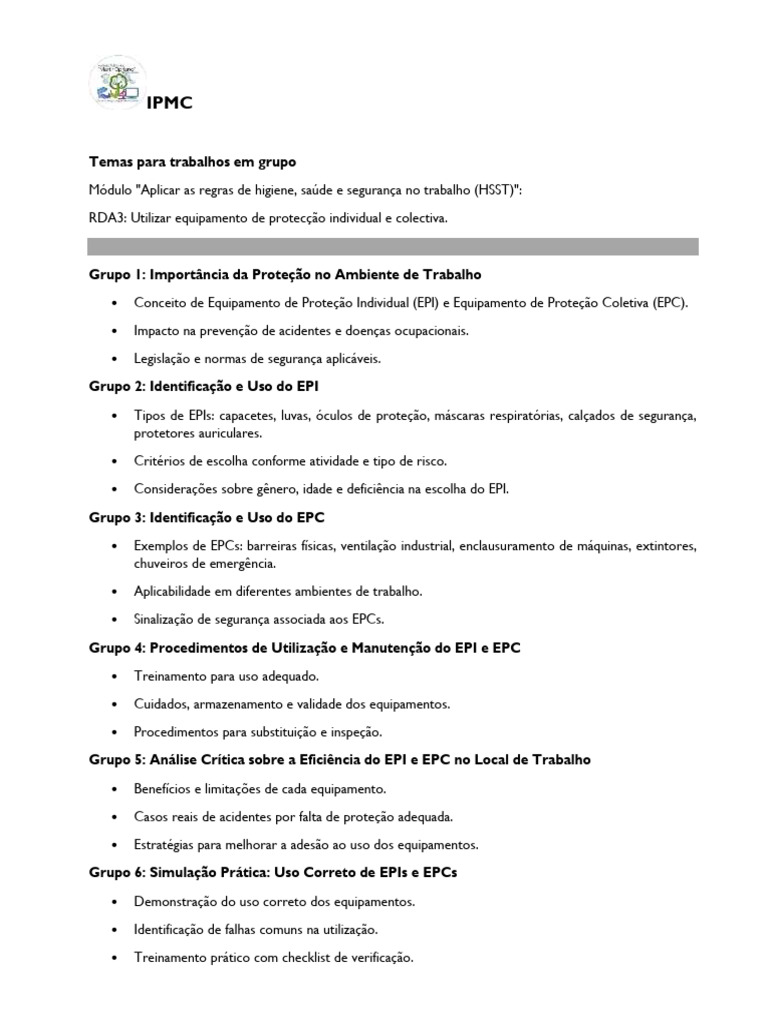 Trabalhos de Pesquisa EPI e EPC_RDA3 | PDF | Segurança e saúde ...
