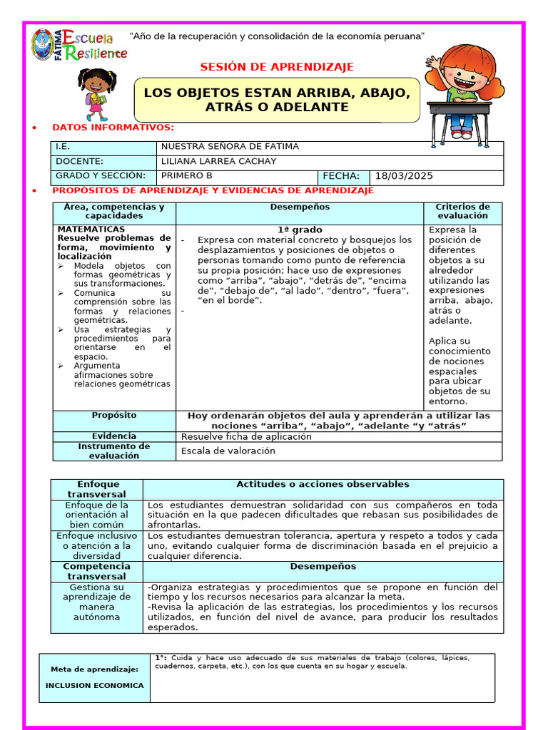 1º U0 S1 SESION D2 MAT LOS OBJETOS ESTAN ARRIBA, ABAJO, DELANTE O DETRAS | PDF | Aprendizaje