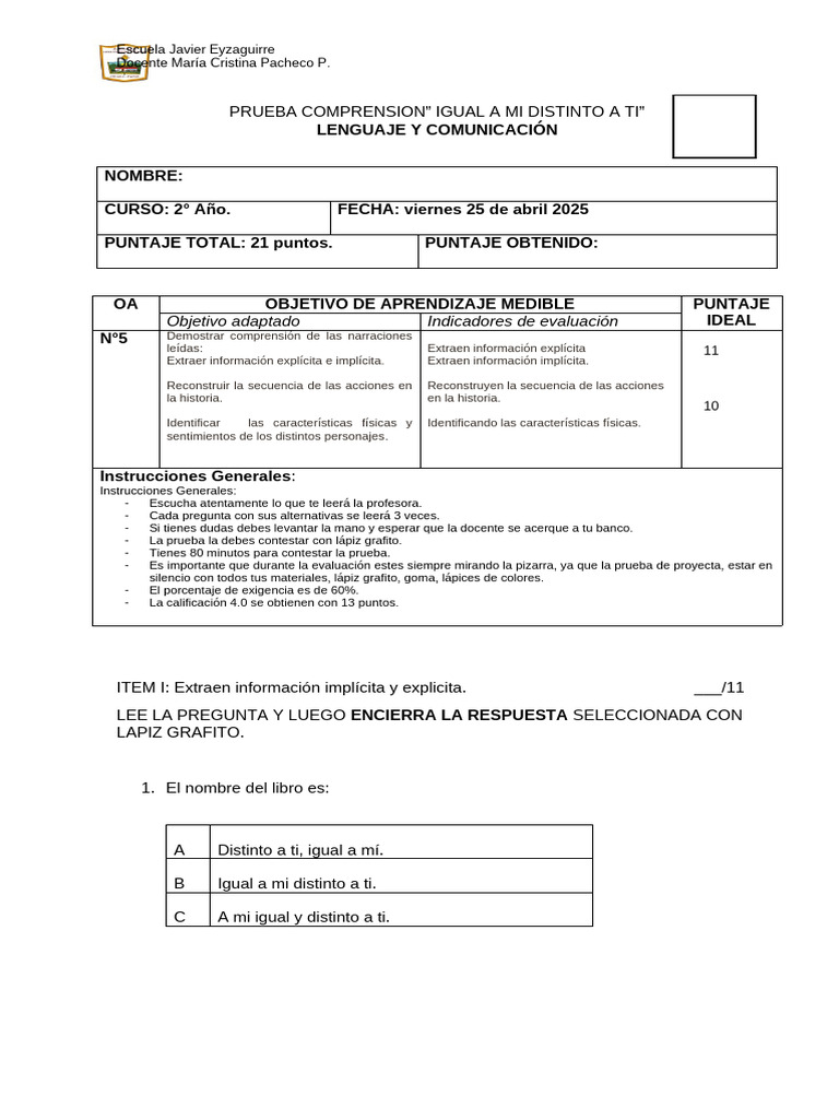 Prueba de Comprension Igual Mi Distinto A Ti | PDF | Lápiz