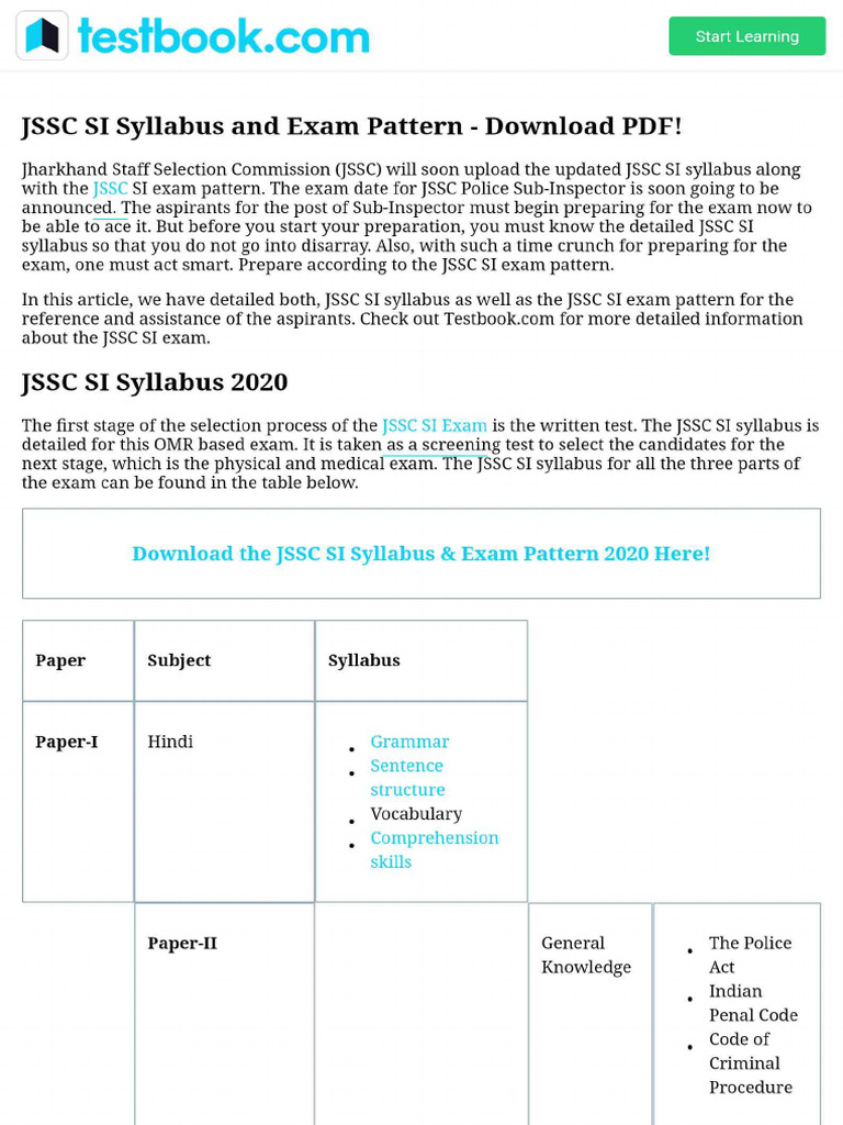 JSSC SI Syllabus and Exam Pattern - Download PDF! | PDF