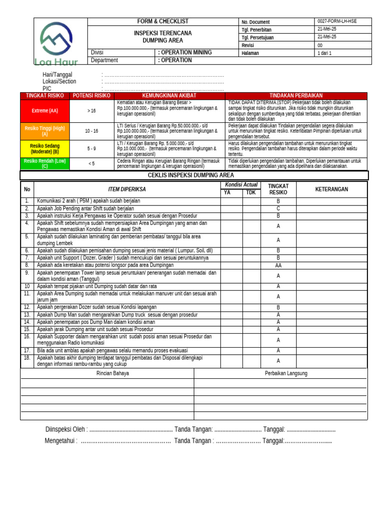 028 - FORM-LH-HSE - A0 Inspeksi Harian Dumping Area | PDF