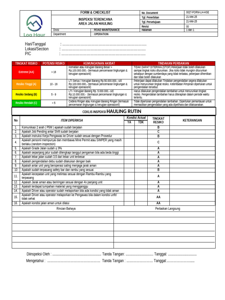 027 - FORM-LH-HSE - A0 Inspeksi Harian Jalan Hauling | PDF