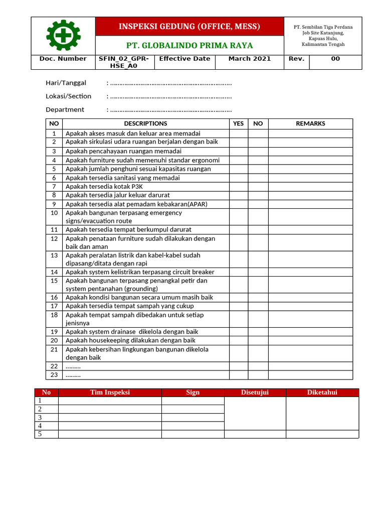 SFIN - 02 - GPR-HSE - A0 Inspeksi Bangunan | PDF