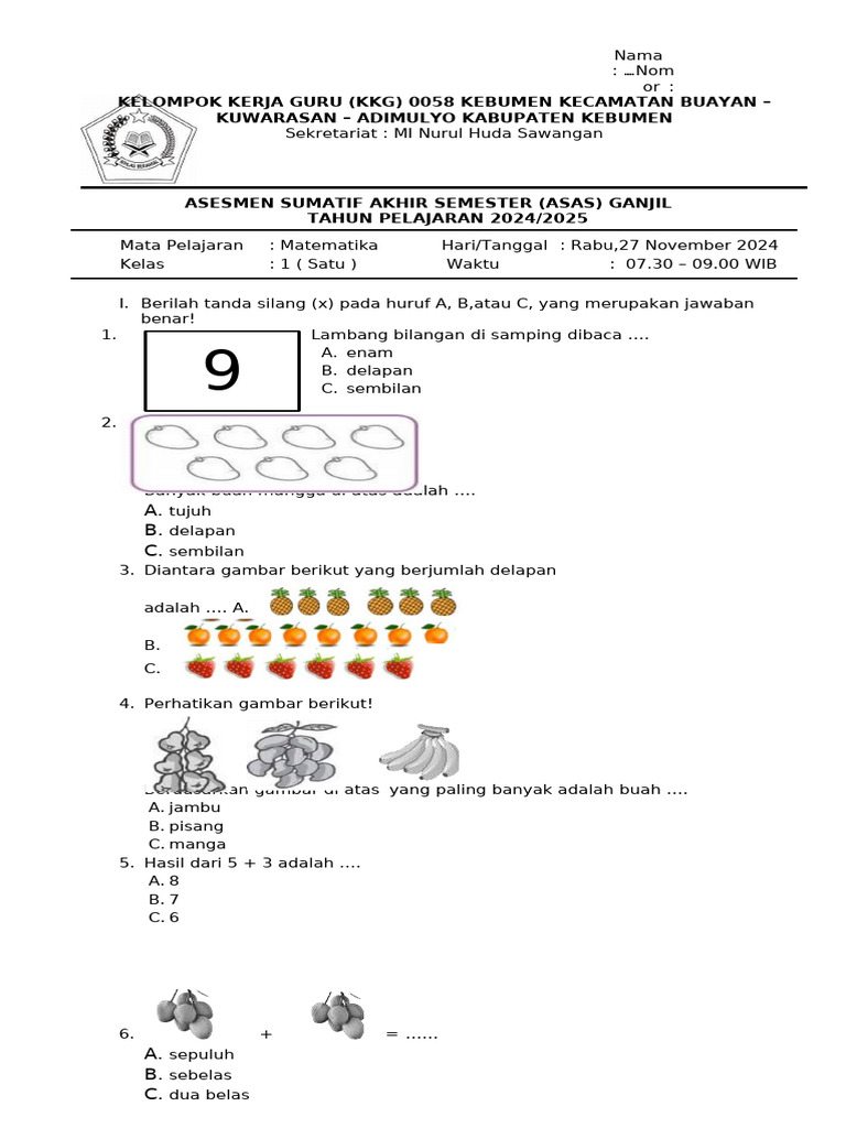 Soal MTK Asas 1 24-25 | PDF