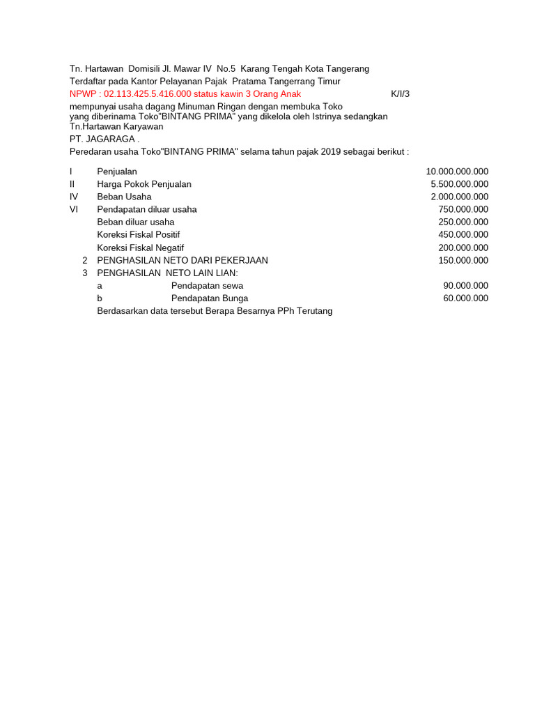 Perhitungan PPh Tn. Hartawan 2019 | PDF
