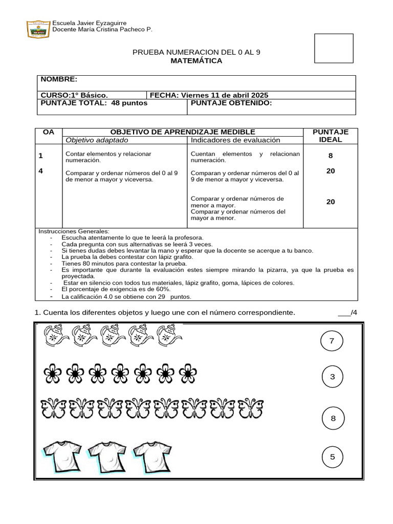 Prueba de Numeracion 1° Basico Abril | PDF | Lápiz