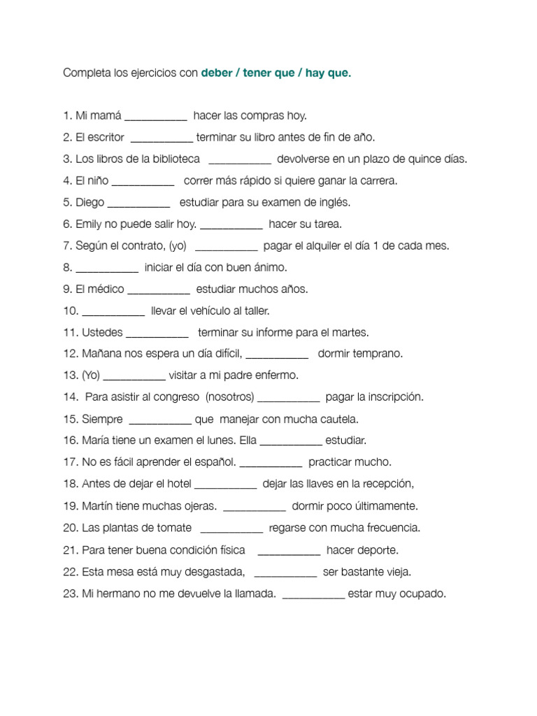 Ejercicios de deber y tener que | PDF