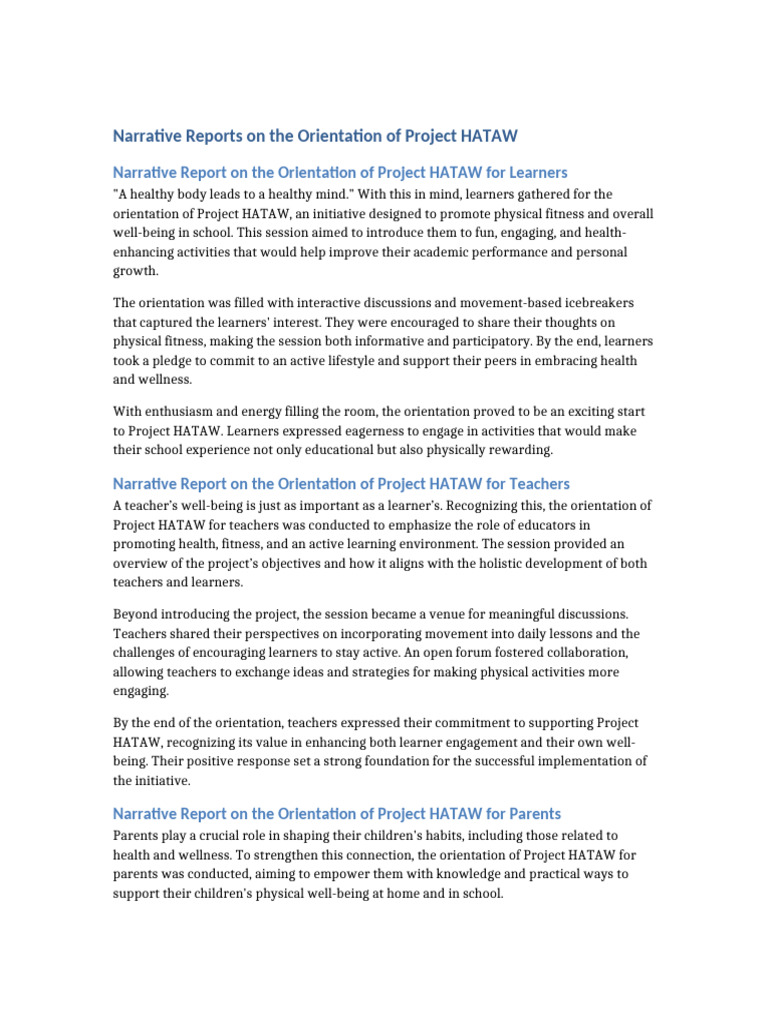 Narrative Report Project HATAW | PDF | Learning | Teachers