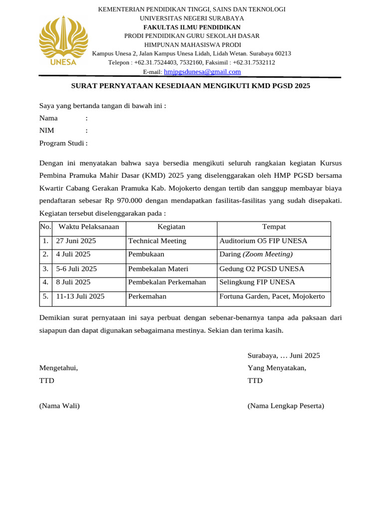 Template Surat Pernyataan Bersedia Mengikuti Kmd 2025 | PDF