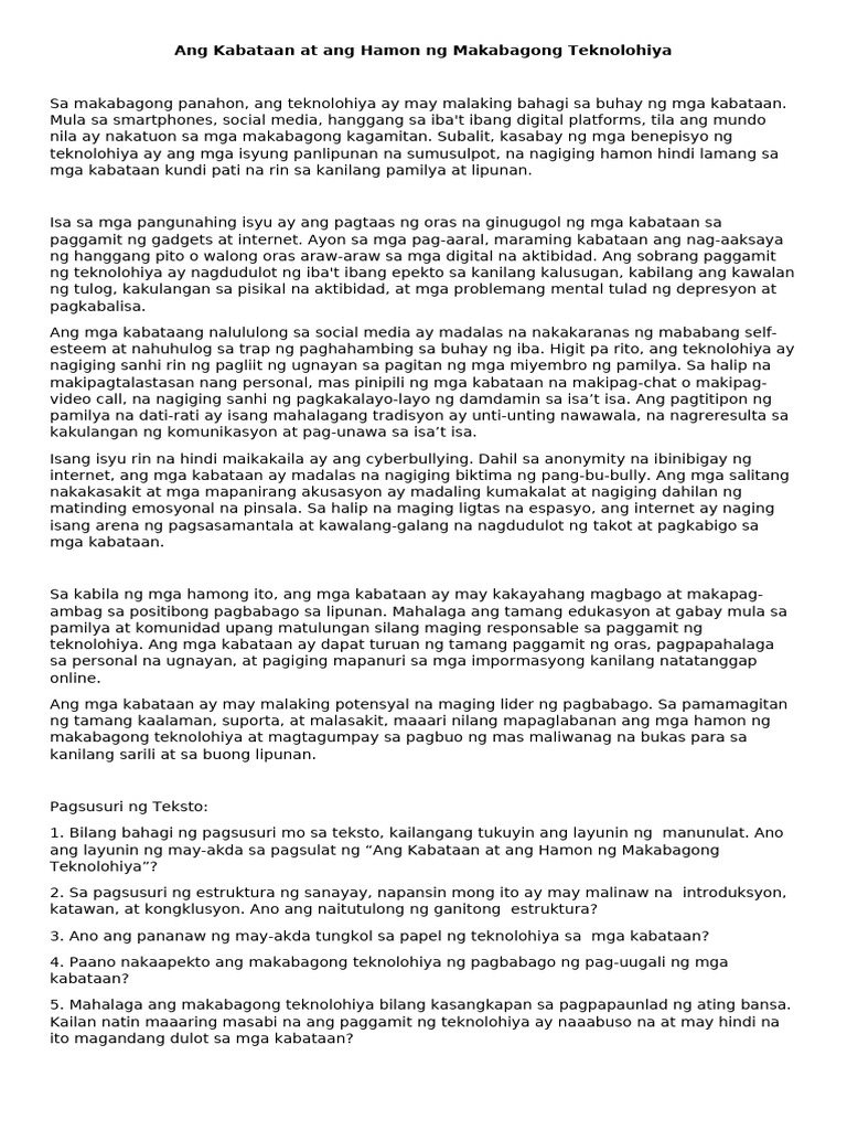 Ang Kabataan at Ang Hamon NG Makabagong Teknolohiya - GROUP ACTIVITY | PDF