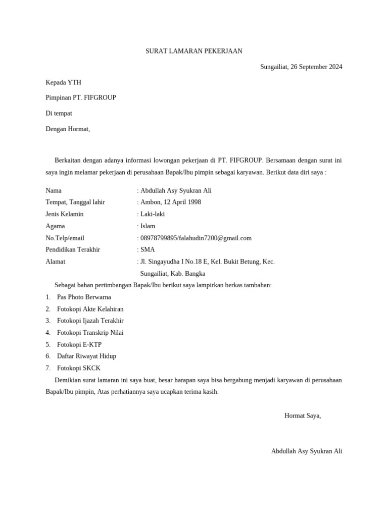 Surat Lamaran Pt. Fifgroup | PDF