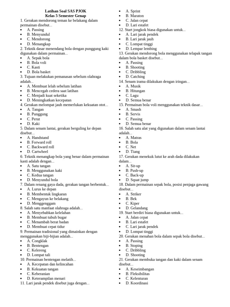 Latihan Soal SAS PJOK Kelas 5 | PDF