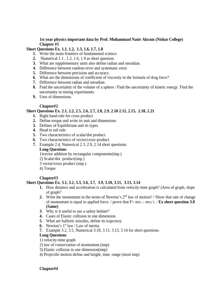 Physics Important Data For 1st Year Complete | PDF | Waves | Force