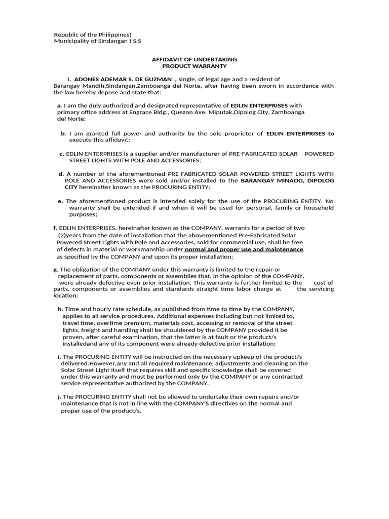 Affidavit of Undertaking 1 | PDF