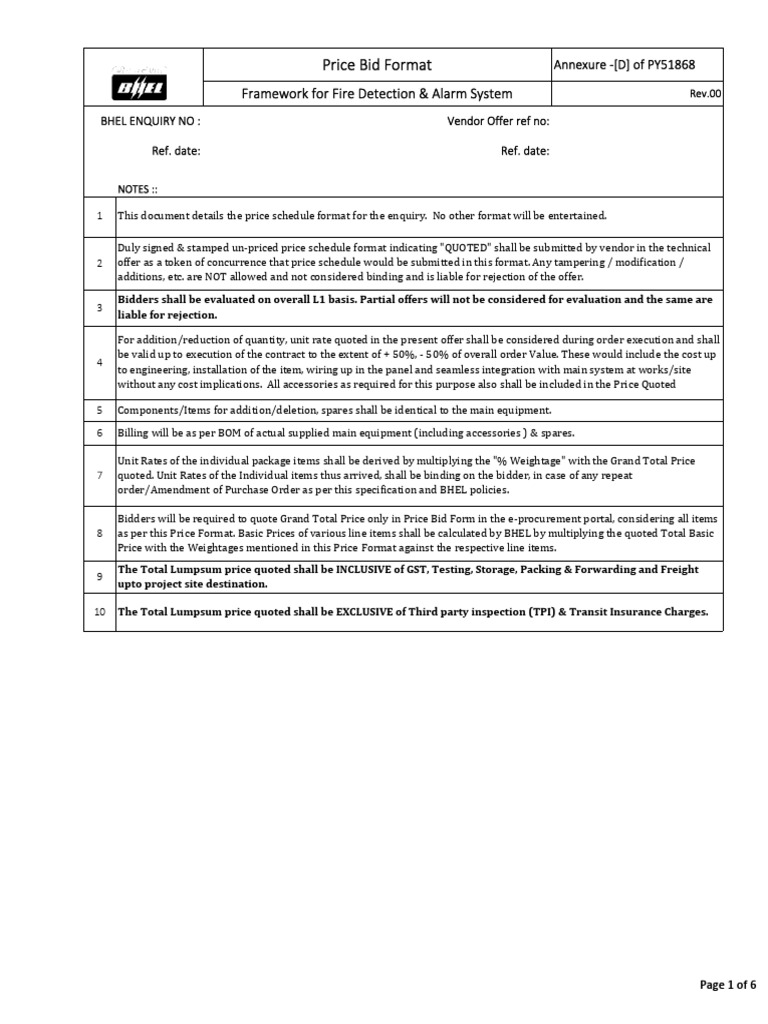 Price Bid Format for Fire Alarm System | PDF | Power Supply | Screw
