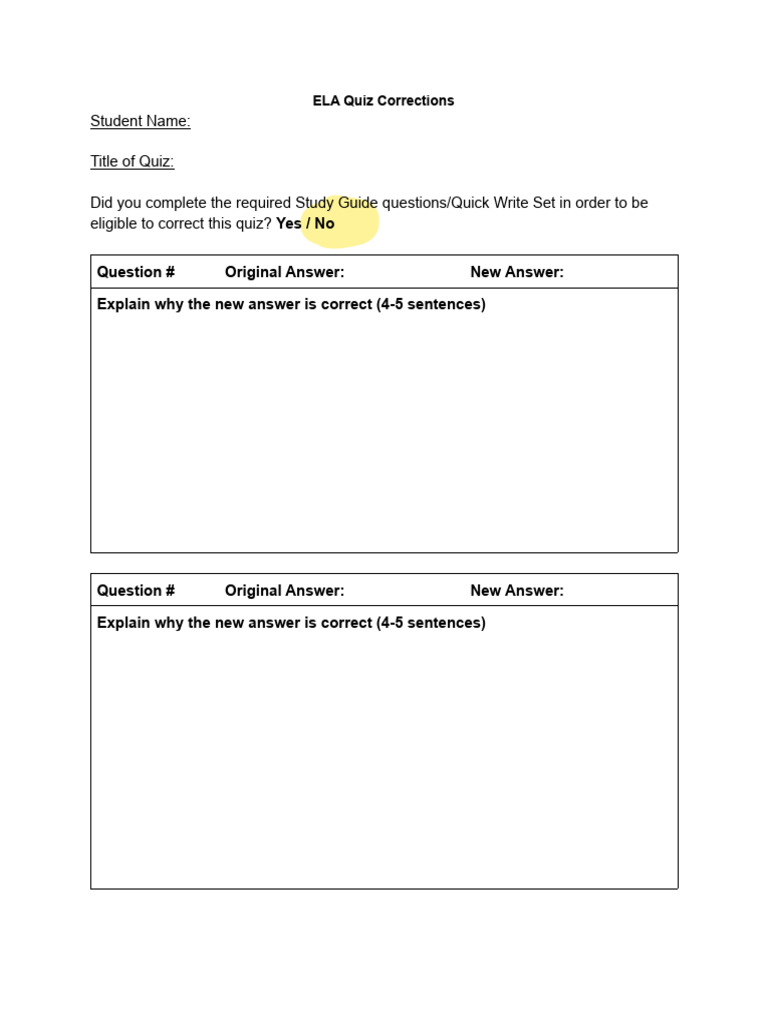 ELA Quiz Correction Guide | PDF