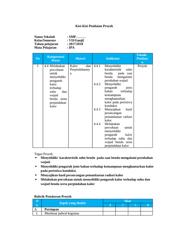 13.Kisi-Kisi Penilaian Proyek RPP 4 Kalor Dan Perpindahanya | PDF