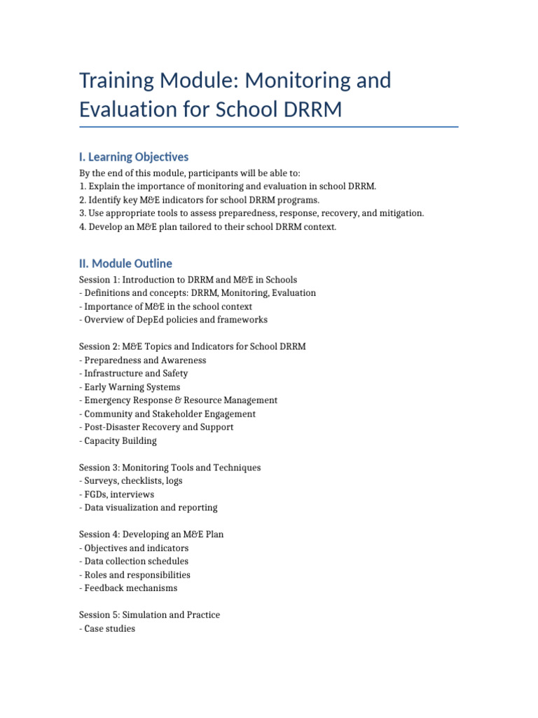 School DRRM Monitoring Evaluation Module | PDF