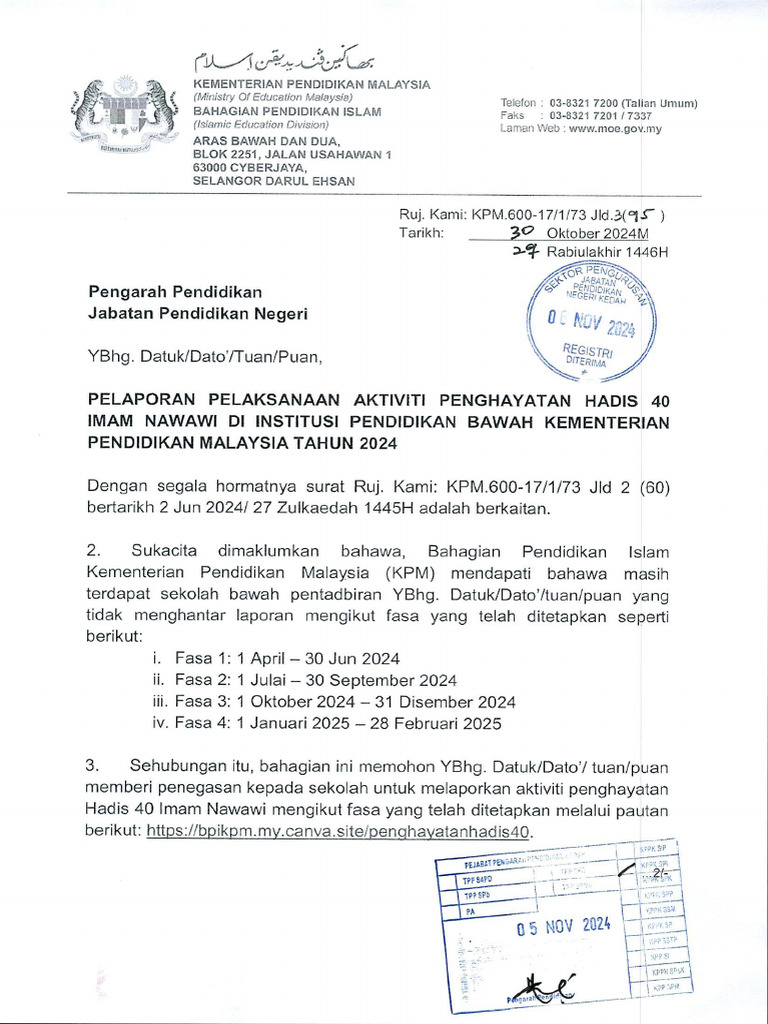 (Bpi - KPM) Pelaporan Pelaksanaan Aktiviti Penghayatan Hadis 40 Imam Nawawi Di Institusi ...