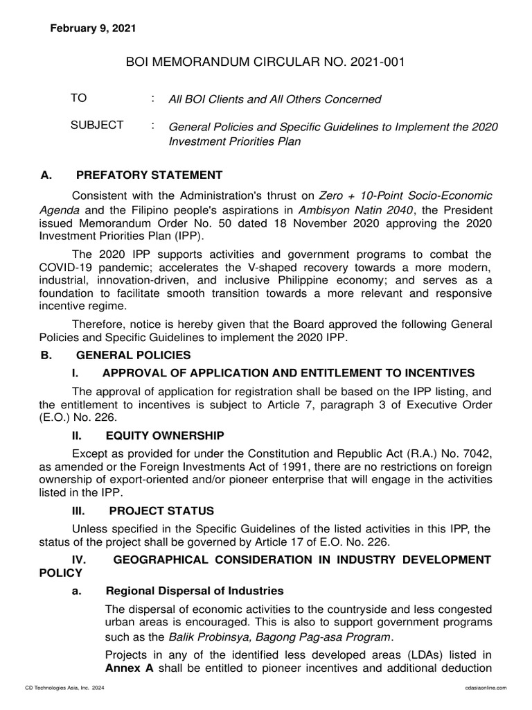 BOI MC No. 2021-001 (2020 IPP) | PDF | Metro Manila | Intensive Care Medicine