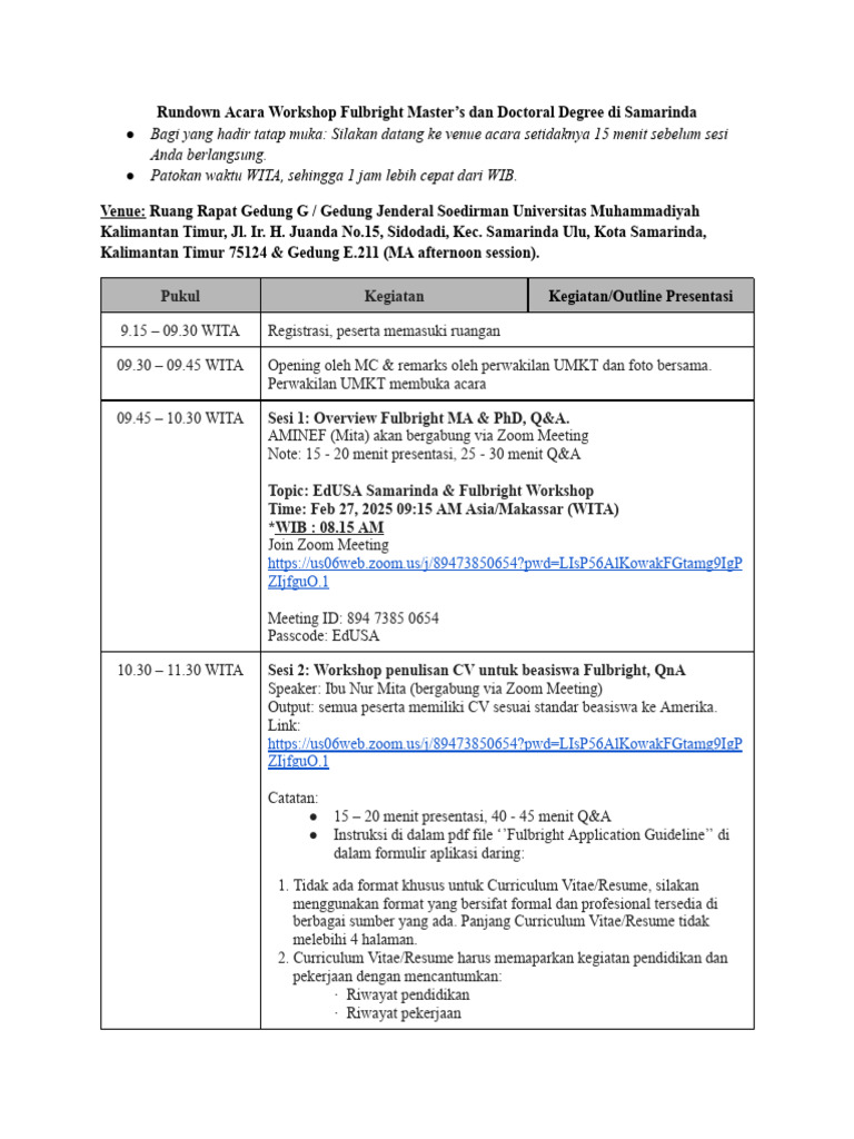Rundown Acara Workshop Fulbright Master's Dan Doctoral Degree Di ...