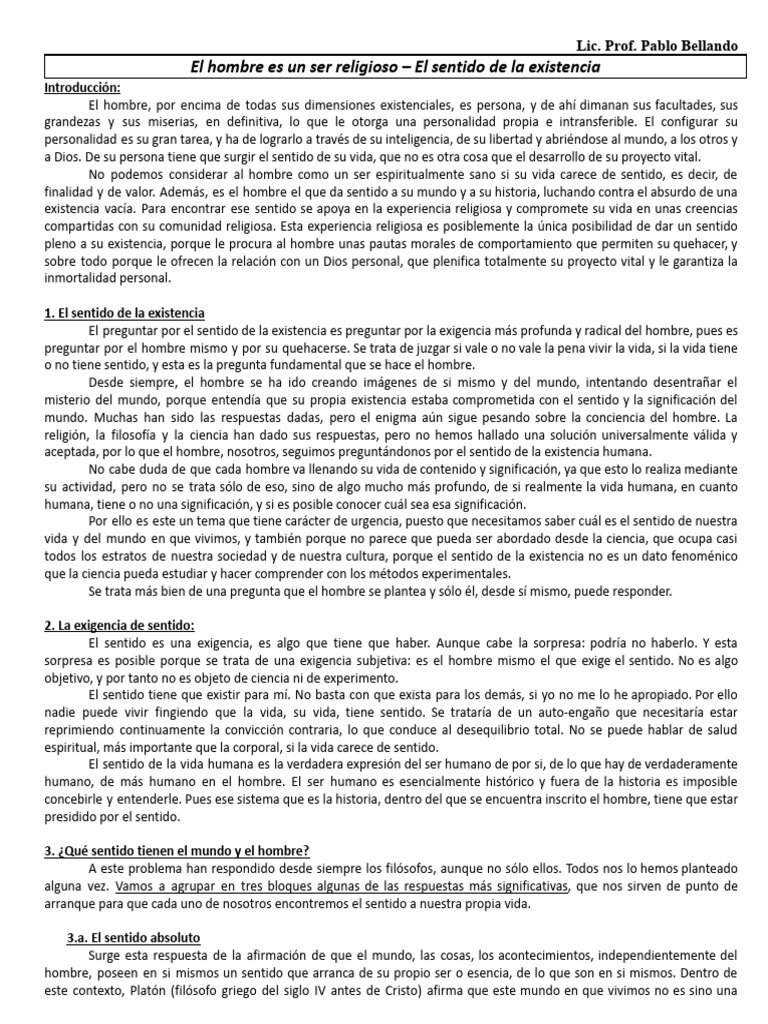 El Hombre Es Un Ser Religioso. El Sentido de La Existencia | PDF ...
