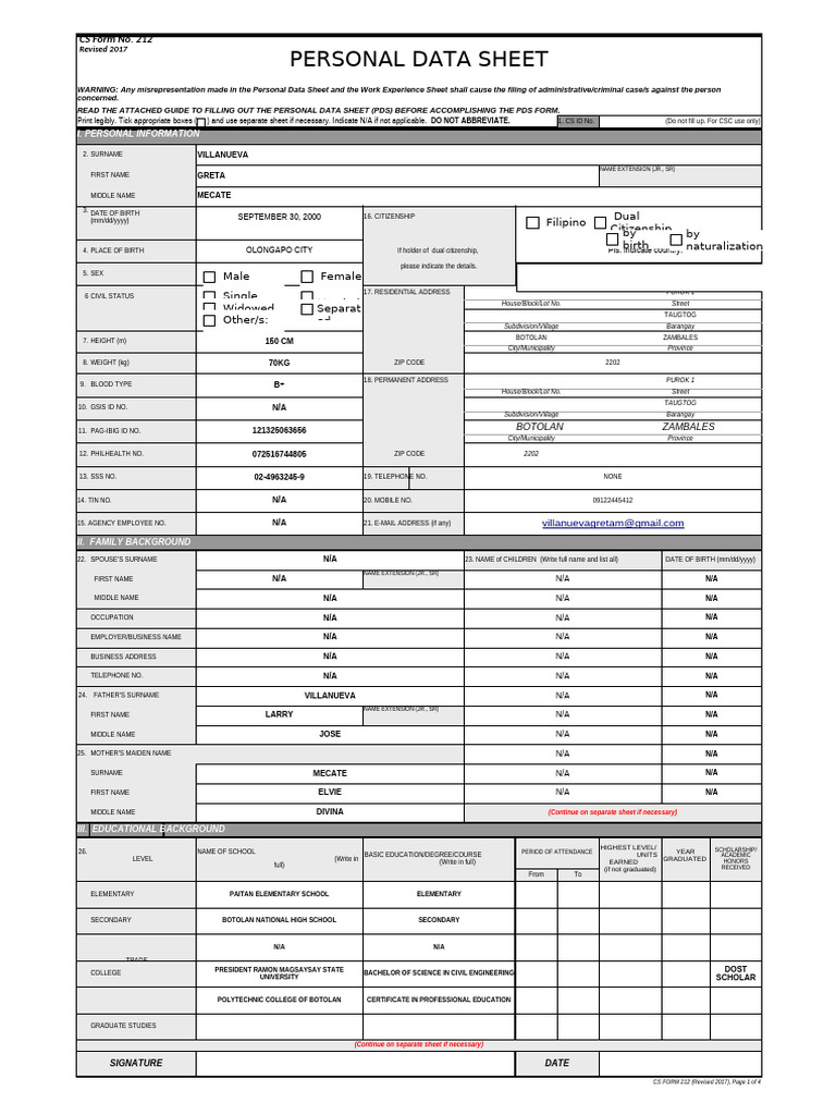 CS Form No. 212 Personal Data Sheet Revised | PDF | Government | Justice
