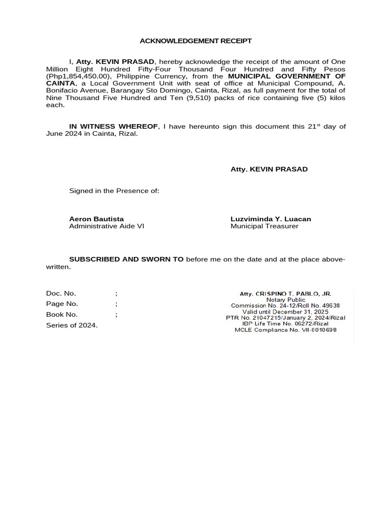 ACKNOWLEDGEMENT RECEIPT-RICE SALES-2024 | PDF