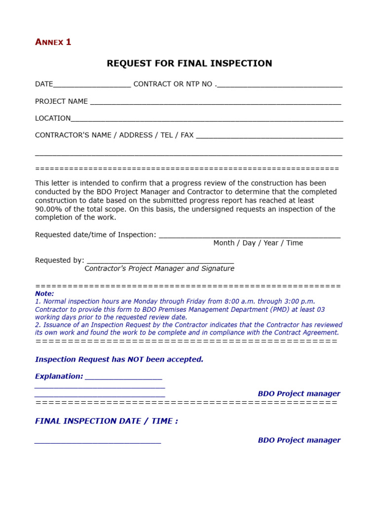 Request For Final Inspection | PDF
