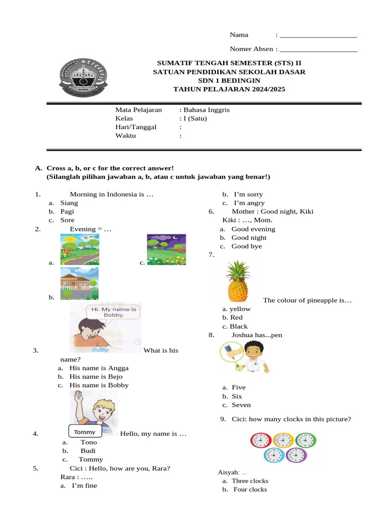 English Midterm Exam for Grade 1 | PDF